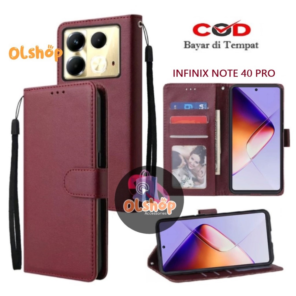 Jual Casing Infinix Note 40 Pro flip buka tutup case kulit ada tempat foto dan kartu bisa ...