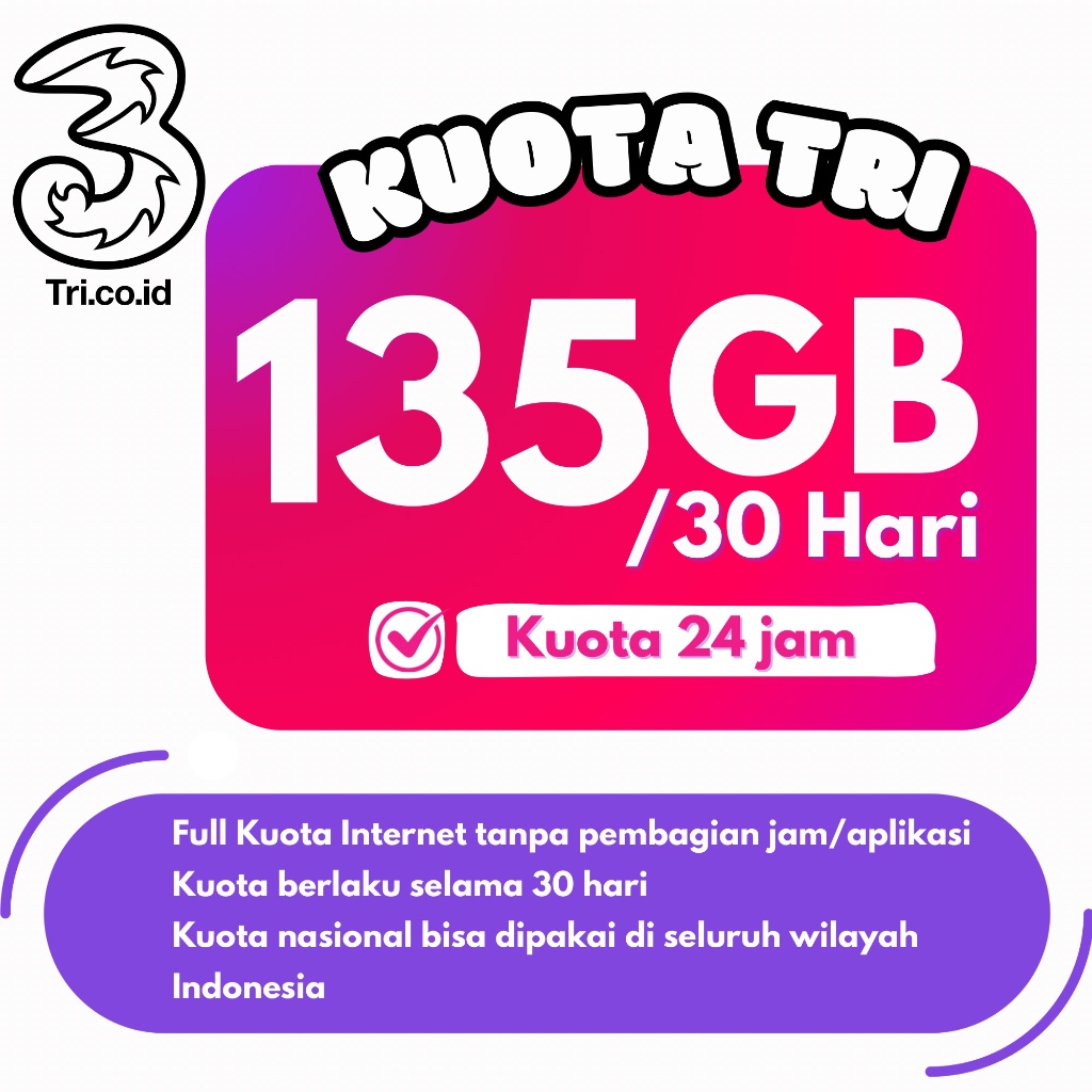 Jual KUOTA TRI MURAH HAPPY 135GB 130GB 85GB 70GB 30GB FULL | Shopee Indonesia