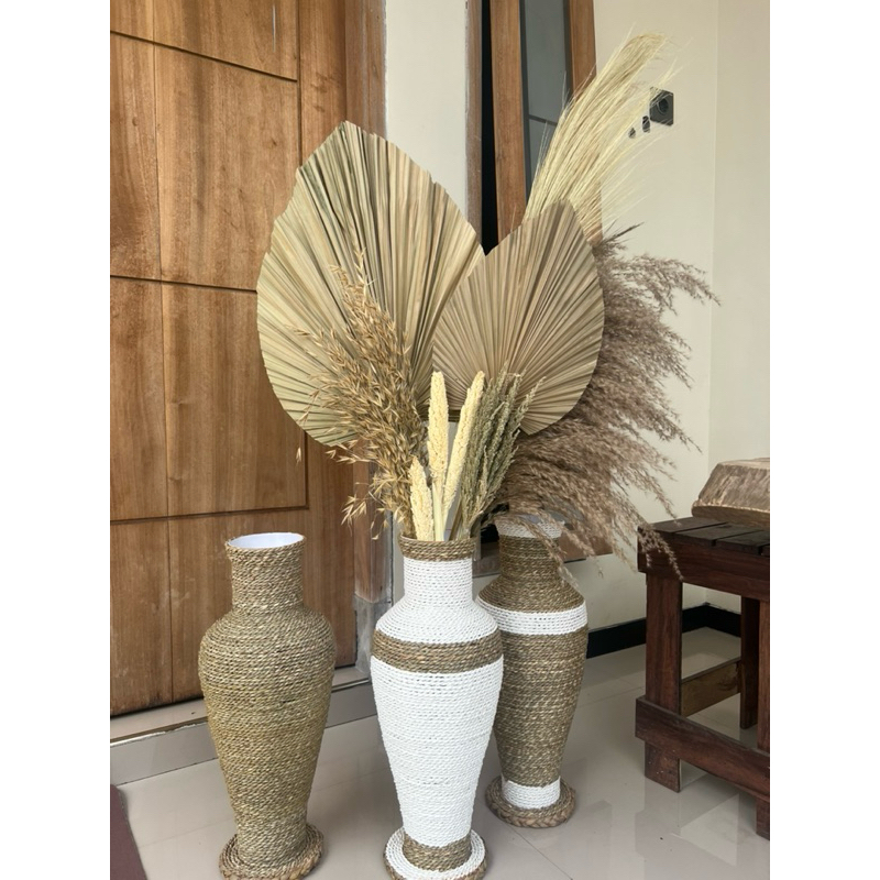 Jual paket bunga kering rustic dekorasi bunga+pot guci mendong 50cm ...