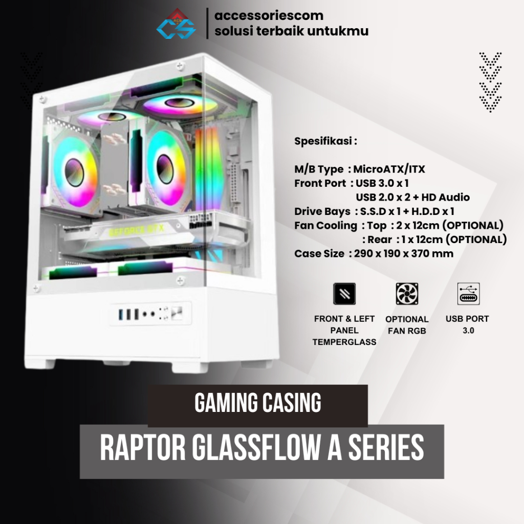 Jual Casing Gaming Raptor Glass Flow A Series White M-ATX / ITX ...