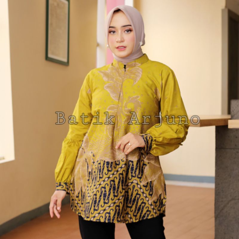 Jual batik modern wanita blus batik cempaka lengan balon resleting ...