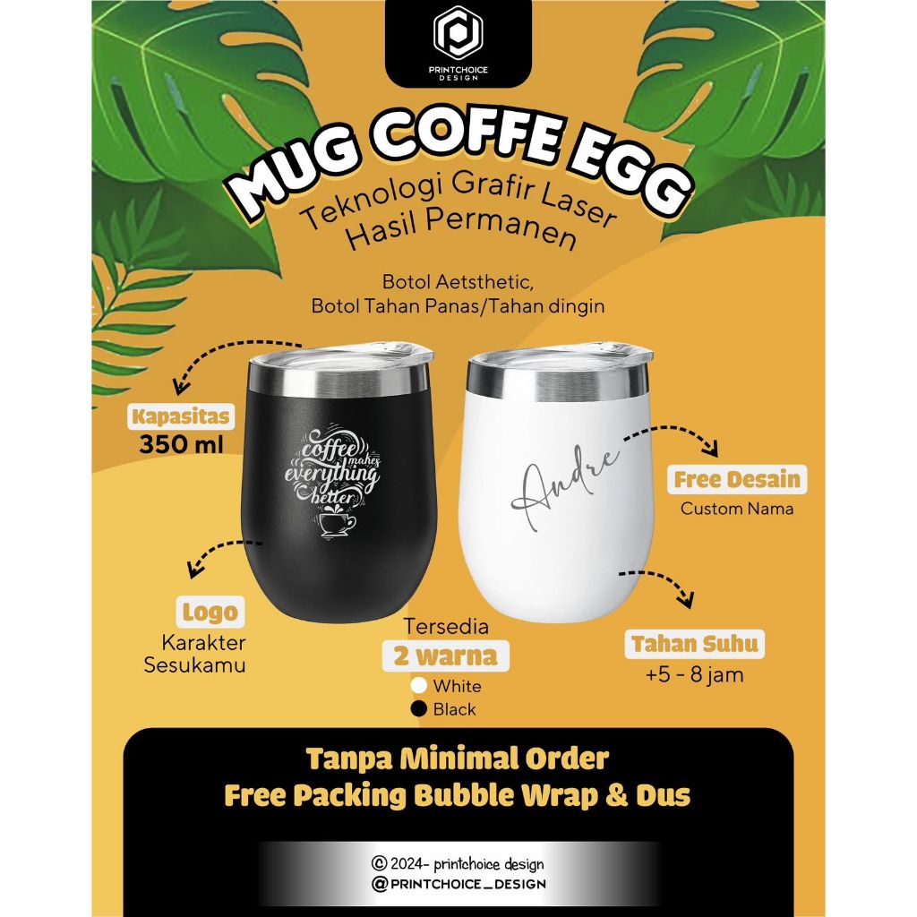 Jual Botol Tumbler Mug Egg Coffe Stainless 350ML Custom Grafir Nama ...