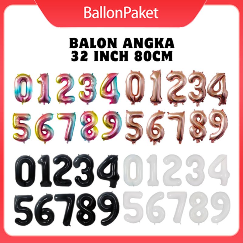 Jual Balon Foil Angka Ukuran Besar 80 cm 32 inch Warna Rainbow, Rose ...