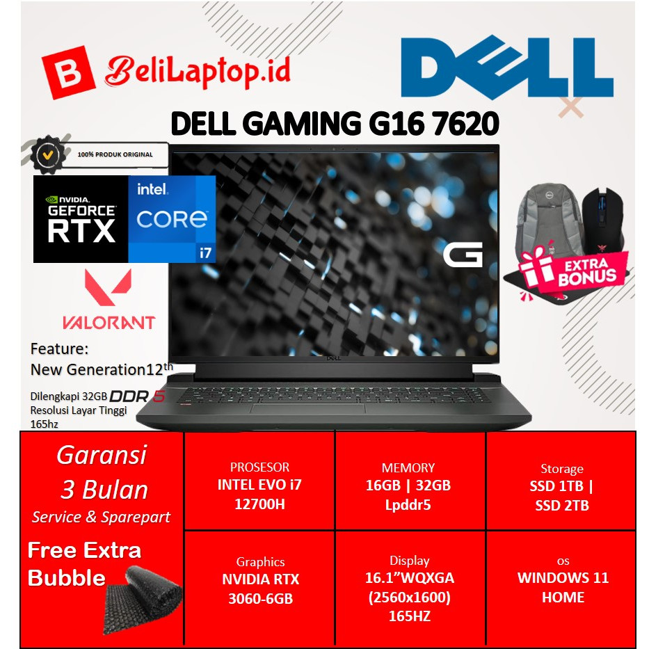 Jual Dell Gaming G16 7620 Intel Core i7 12700H 32GB 2TB RTX 3060-6GB 165HZ | Shopee Indonesia