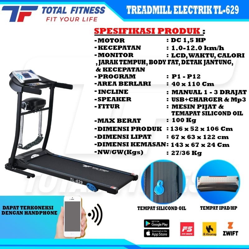 Jual TREADMILL ELEKTRIK TL 629 TREADMILL 2 FUNGSI TOTAL FITNESS | Shopee Indonesia