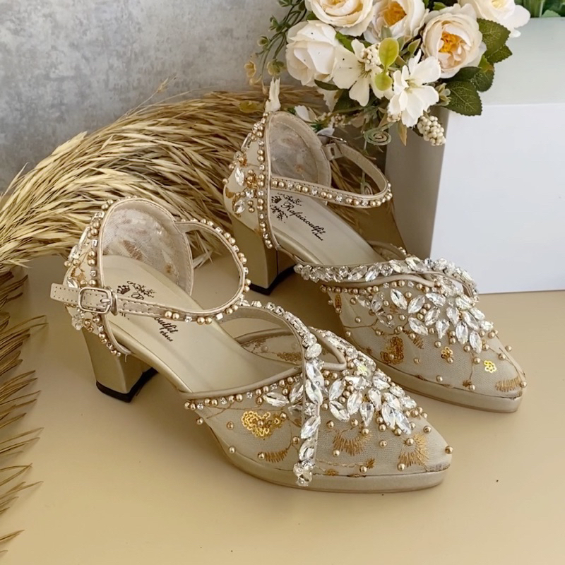 Jual Sepatu wedding pesta mewah cantik Andiny gold 7cm | Shopee Indonesia