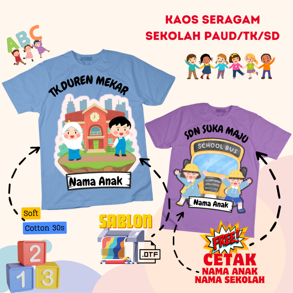 Jual Kaos Custom Seragam Anak TK Paud Bimba Gratis Cetak Nama | Baju Atasan Anak Couple Terbaru ...