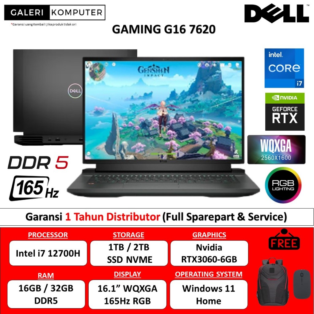 Jual DELL GAMING G16 7620 Intel i7 12700H 16GB DDR5 1TB SSD RTX3060 WQXGA 165Hz RGB Windows 11 ...