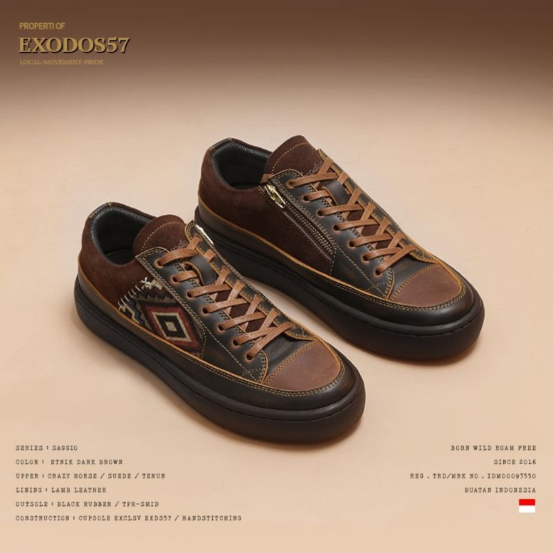 Jual Sepatu Sneakers Kulit Pria Exodos57 - Saggio Etnik Dark Brown ...