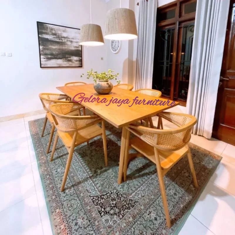 Jual Meja makan diningset kursi rotan Cleopatra kayu jati | Shopee Indonesia