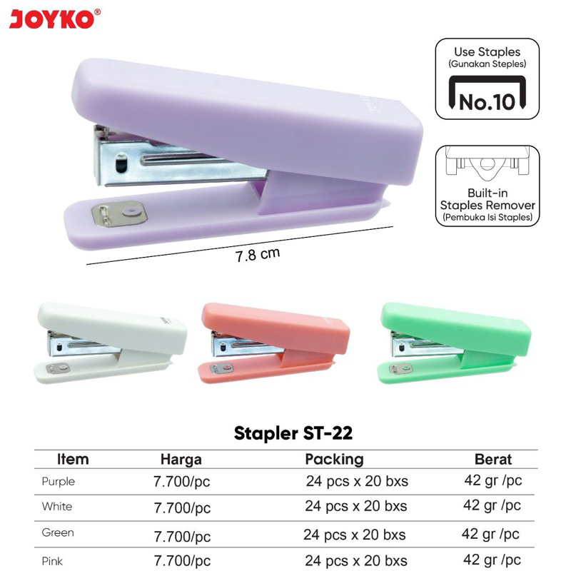 Jual JOYKO Mesin Stapler ST-22 isi no.10 Warna Pastel / Staples ST22 ...