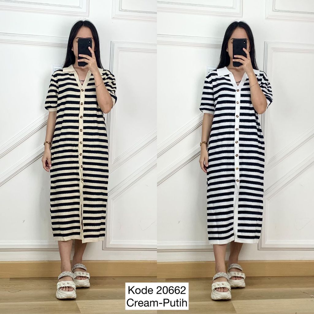 Jual 20662 DRESS RAJUT JARING BOLONG TEMBUS KERAH V NECK FULL BUTTON ...