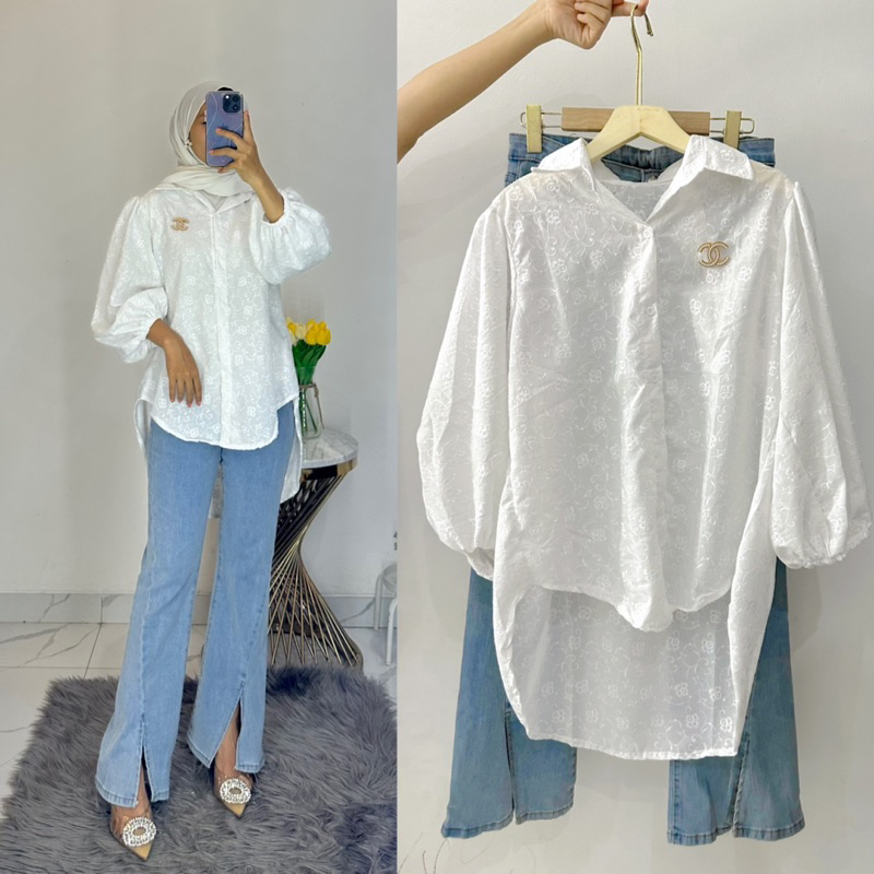 Jual kemeja atasan putih katun katboll free bros | Shopee Indonesia