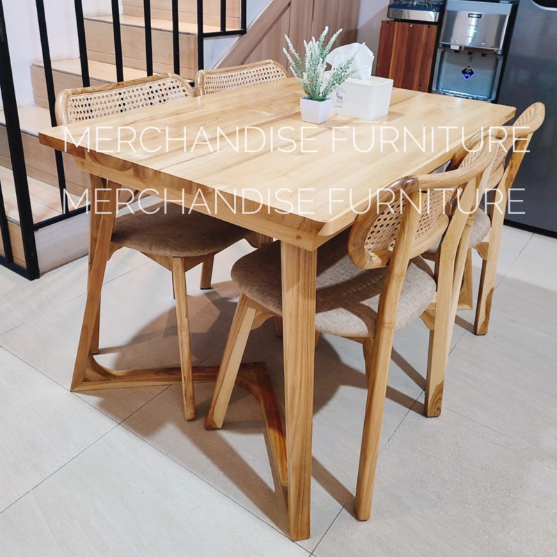 Jual Satu Set Meja Makan Kaki V Kursi Kacang Rotan - Kursi Cafe Resto ...