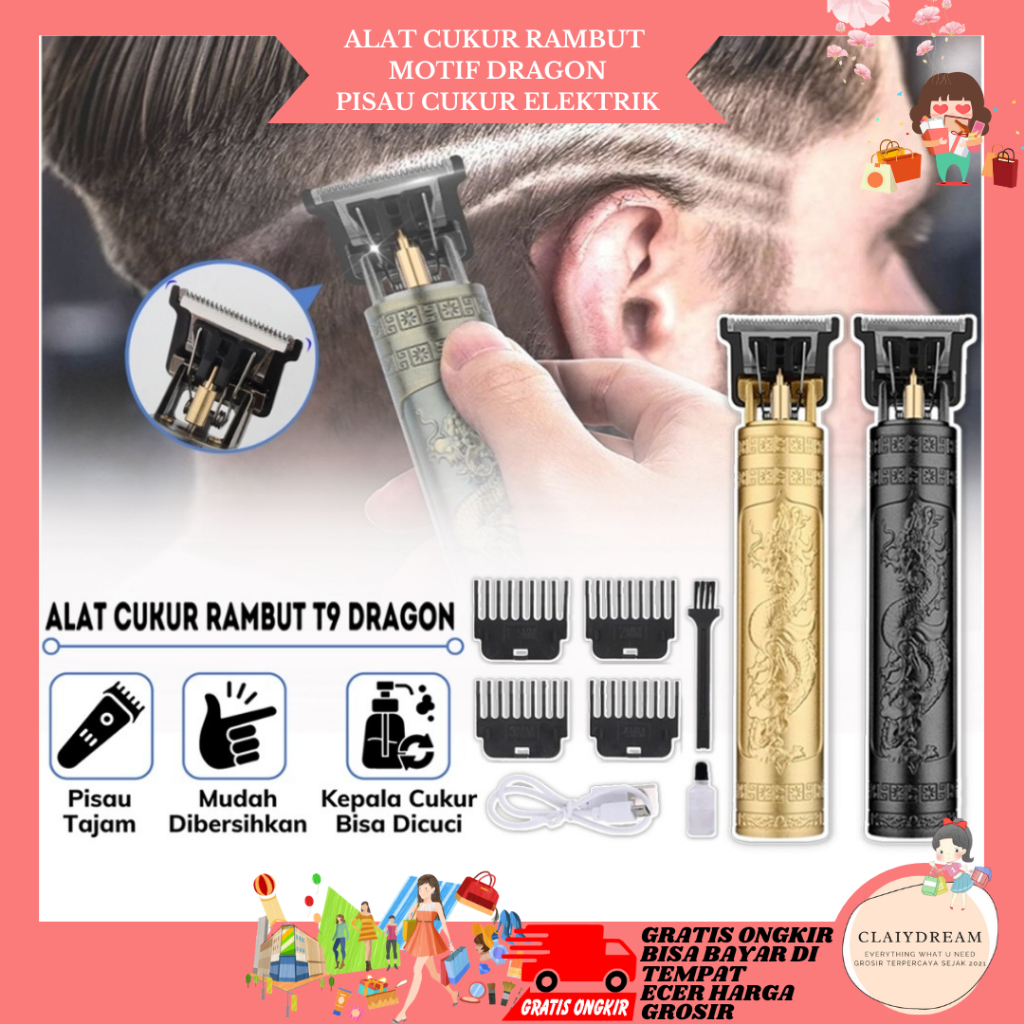 Jual CLAIYDREAM Alat Cukur Rambut Vintage T9 Motif Naga Dragon Pisau Cukur Elektrik Pemangkas ...