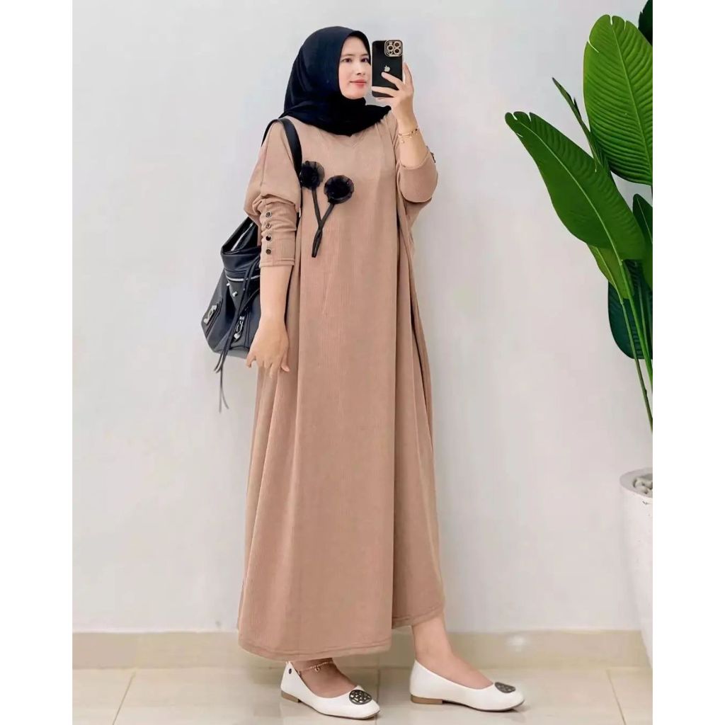 Jual Aluna Dress Knit Caramel Gamis Jumbo Polos Simple Daily Wanita ...