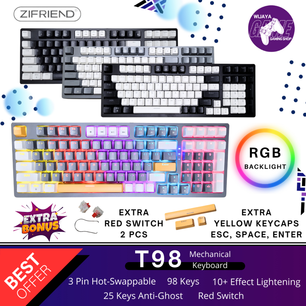 Jual ZIFRIEND T98 Mechanical Gaming Keyboard Red Switch Pluggable 80% Layout Wired RGB Light ...