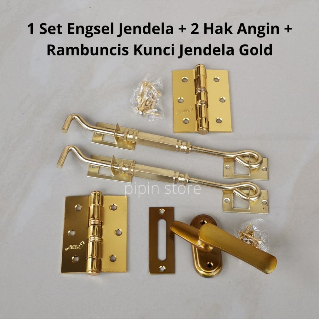 Jual Paket Rambuncis Grendel Kunci Jendela Kayu 1 Set + Hak Angin Gold ...