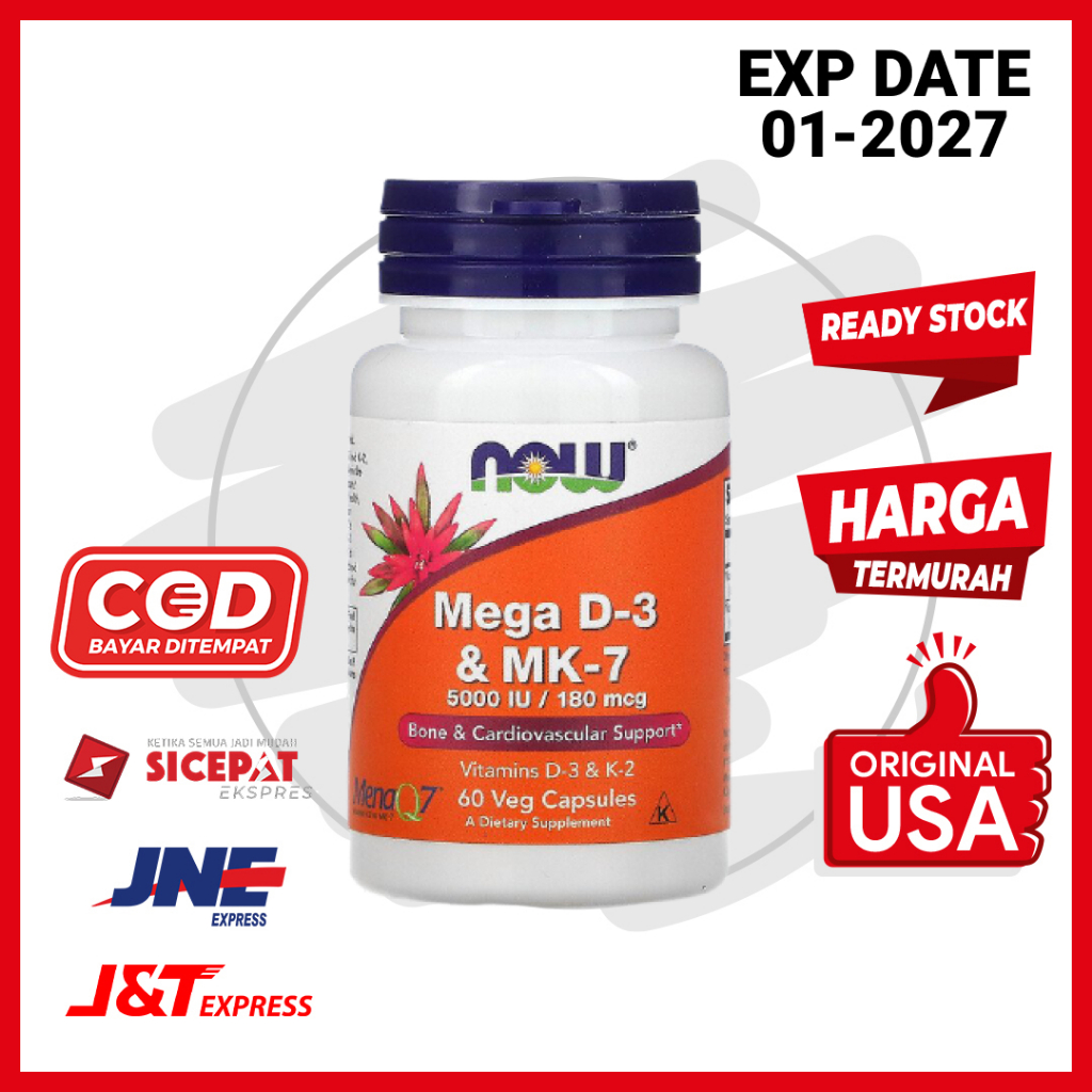 Jual NOW Suplemen Vitamin Mega D3 D 3 dan MK7 5000 IU 180 mcg Isi 60 Kapsul + D3 5000IU + K2 ...