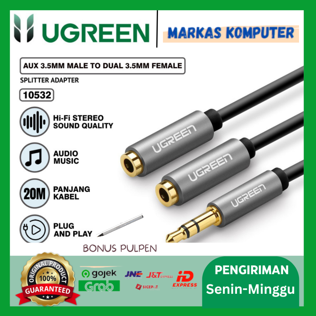 Jual UGREEN SPLITTER 3.5MM AUX STEREO CABLE 20CM BLACK - 10532 | Shopee ...