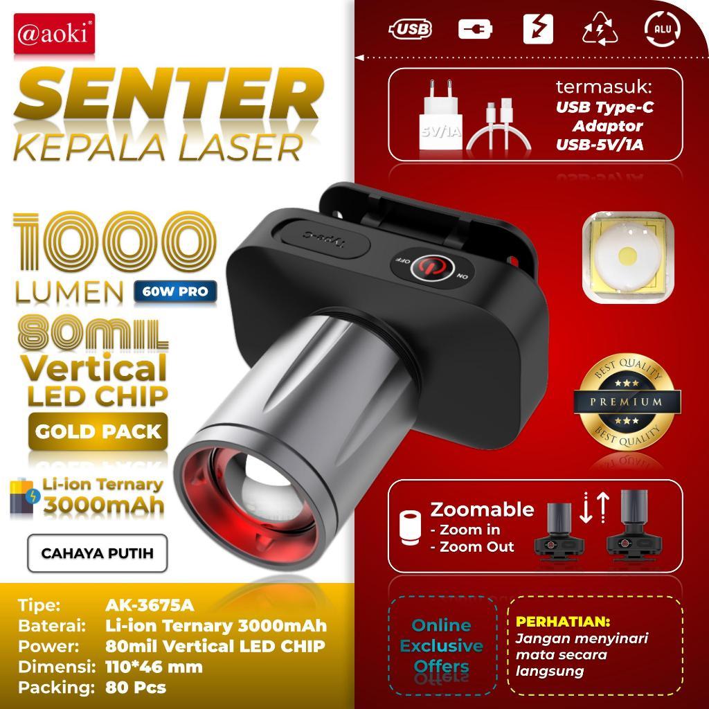Jual SENTER KEPALA LED ZOOM AOKI AK-3675A 60WATT PRO - ZOOM LASER - 1000 LUMEN - JARAK JAUH ...