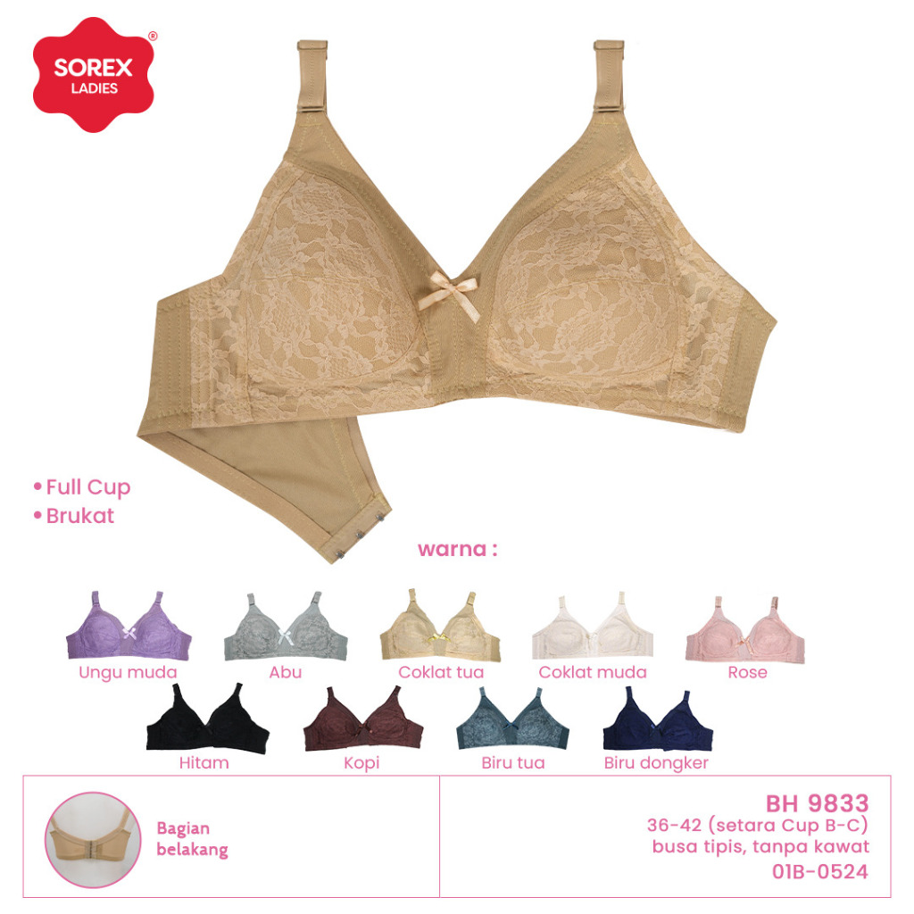 Jual Sorex Bra Busa Tipis Tanpa Kawat Kait 3 Setara Cup B-C Full Cup Brukat Harian BH 9833 ...