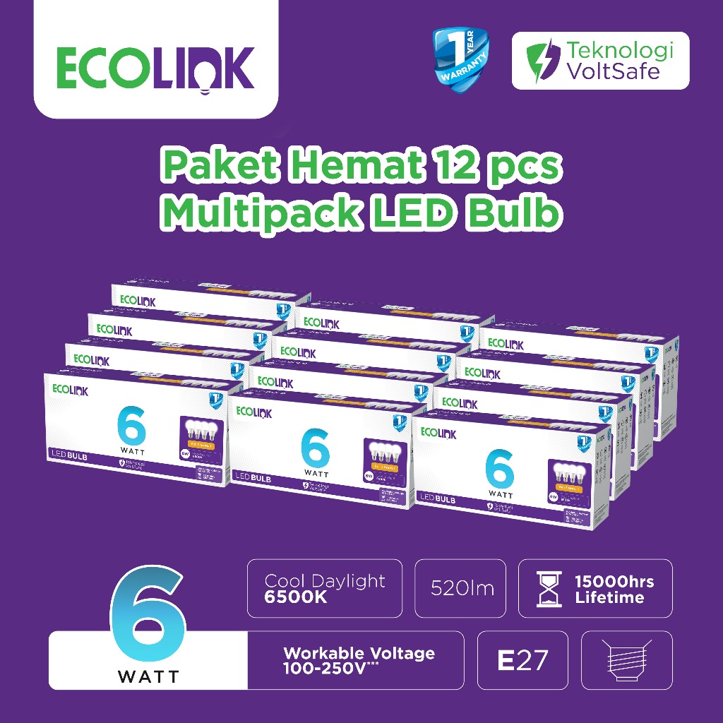 Jual Ecolink Lampu Bohlam Multipack LED Bulb 6W Putih Cool Paket 12pcs ...