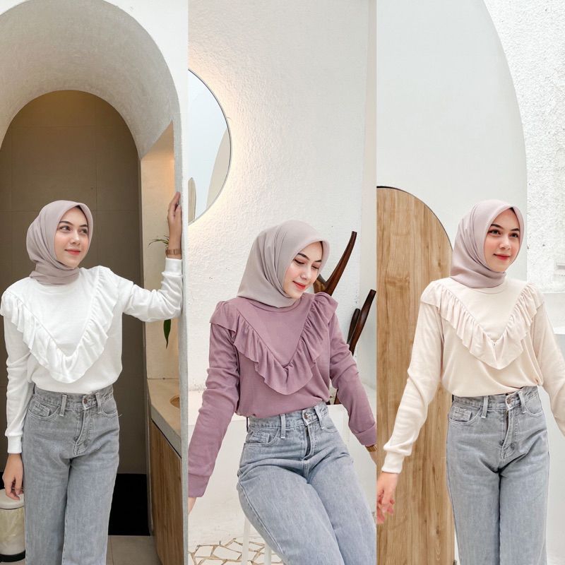 Jual Lady Blouse Ruffle Knit Premium Lengan Panjang | Sweater Ruffle ...