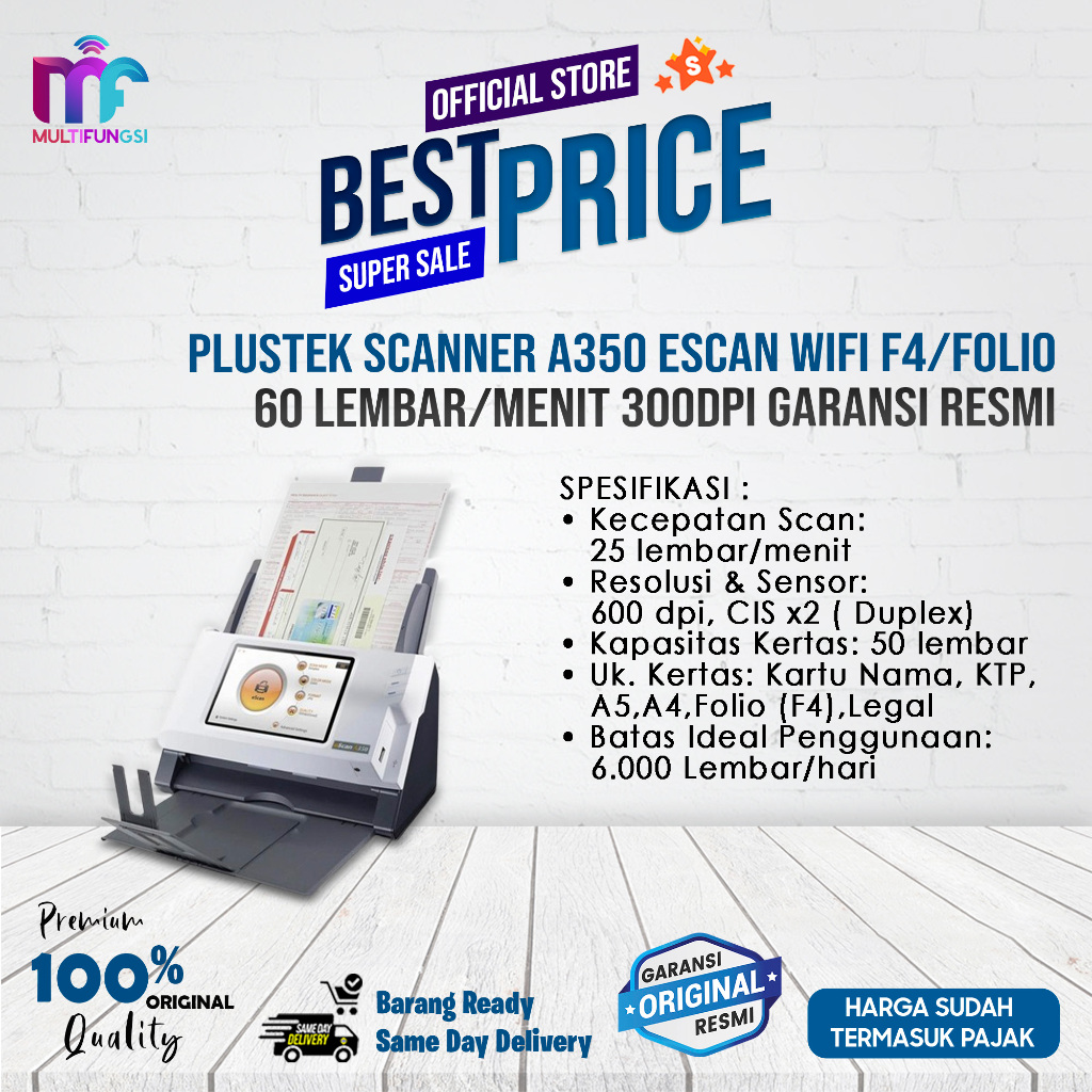 Jual Plustek Scanner A350 eScan WiFi F4/Folio 60 Lembar/Menit 300dpi ...