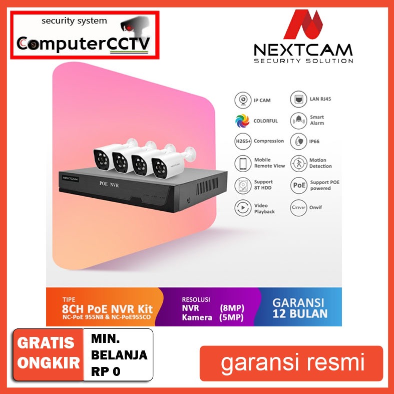 Jual Nextcam Paket cctv POE 8 channel 8MP 4 Kamera 5MP Outdoor Komplit ...