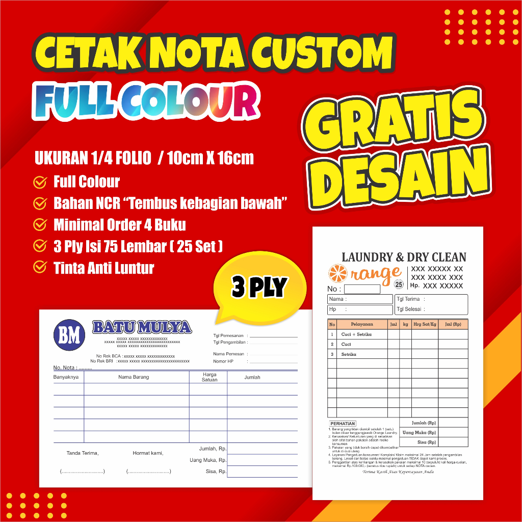 Jual Cetak Nota Full Colour 3 Ply Ukuran 1/4, Cetak Nota Nama Toko ...