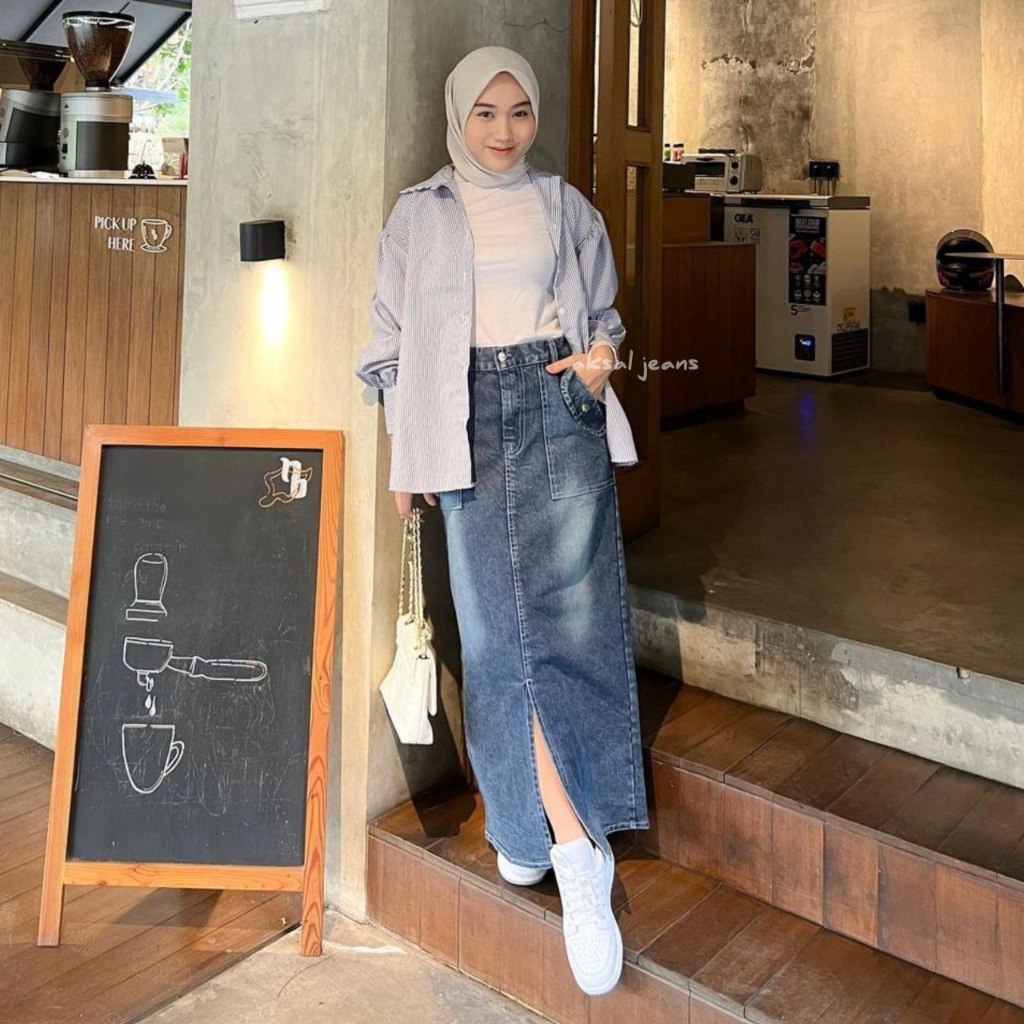 Jual Rok Span Jeans Skirt Belah Depan A-Line Panjang Wanita outfit ...