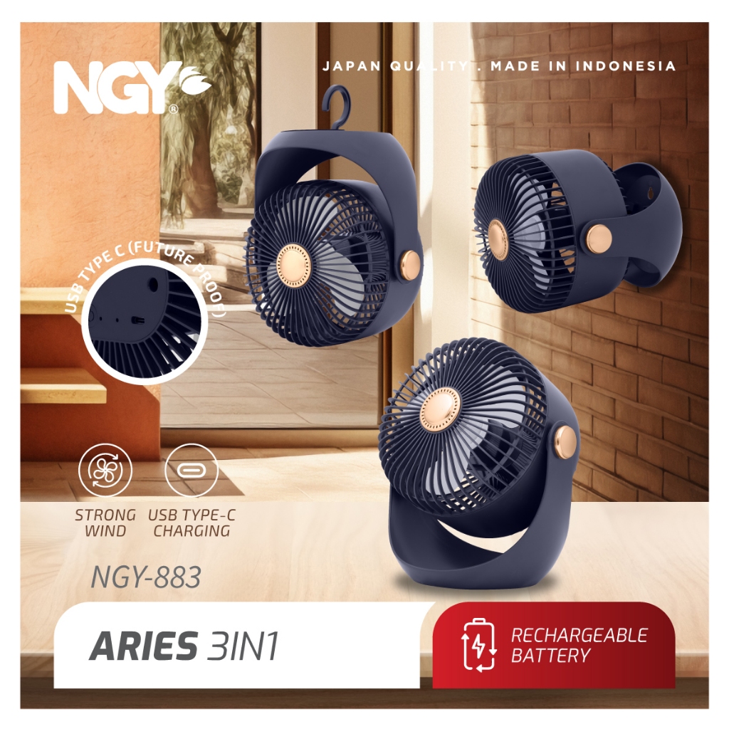 Jual NGY Aries Portable Rechargeable Fan 3in1 / Kipas Angin Gantung 6 ...