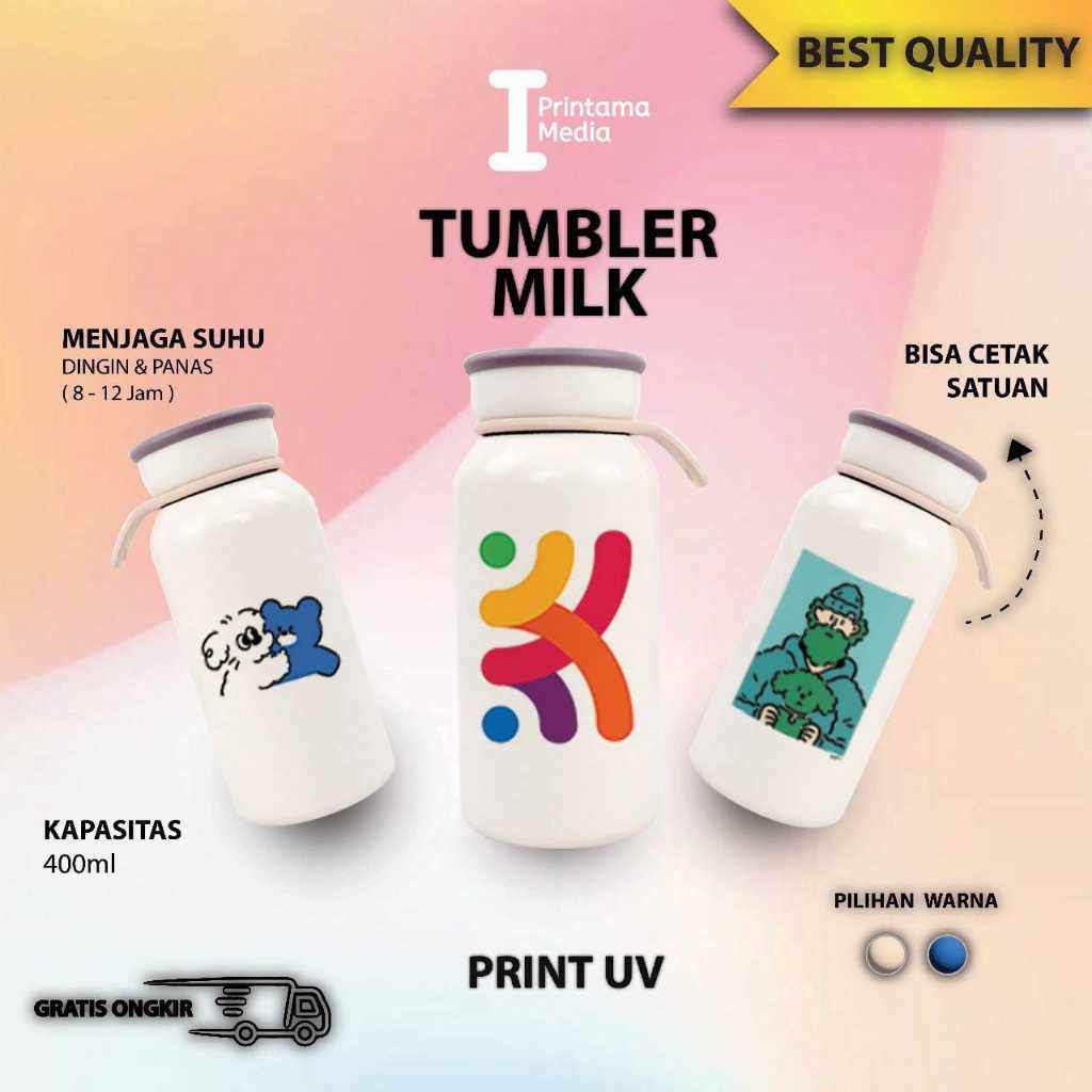 Jual Custom Tumbler Botol Minum Milk Unyu Warna Cream Print Uv Cetak Full Color | Shopee Indonesia