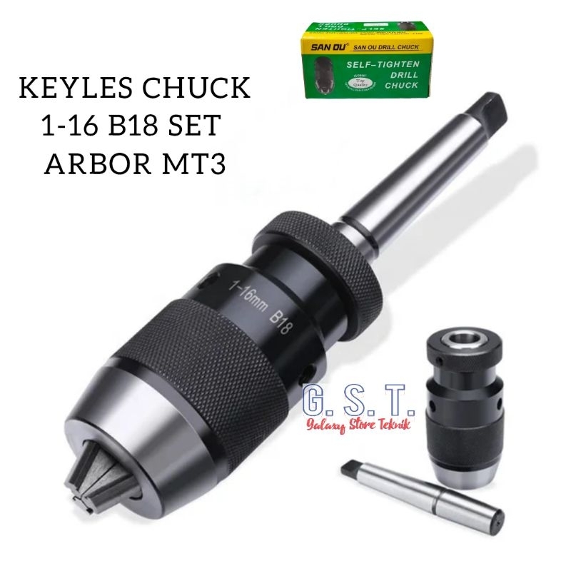 Jual Drill Chuck 1-16mm SAN OU Keyles Chuck Dril 1-16 B18 Set Arbor MT3 B18 | Shopee Indonesia