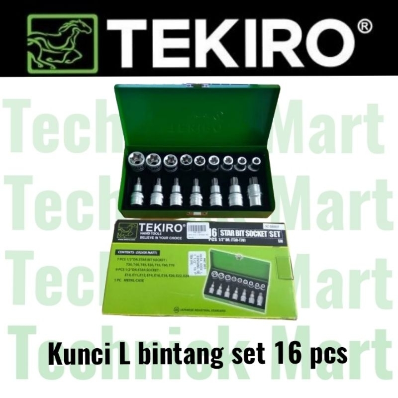 Jual TEKIRO star socket bit set 16 pcs 1/2" Dr kunci shock L bintang set 16 pcs box besi ...