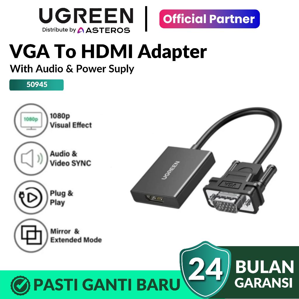 Jual Converter Ugreen 50945 VGA to HDMI HD Audio Video for PC Proyektor ...
