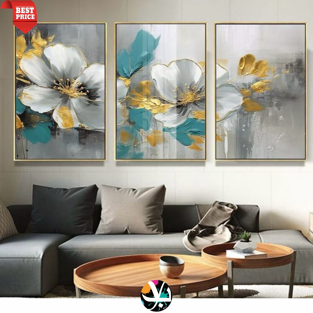 Jual LUKISAN ABSTRAK BUNGA MEWAAH HIASAN DINDING 3 PANEL (include frame ...