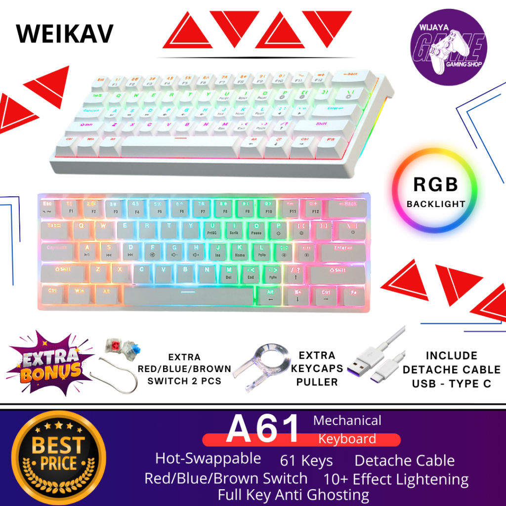 Jual Keyboard Gaming Mechanical 60% RGB Backlit Red Blue Switch WJ-0801 ...
