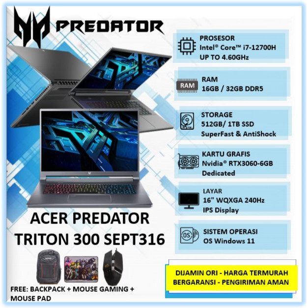 Jual Laptop Gaming Editing Acer Predator Triton 300 SEPT316 I7 Gen12H ...