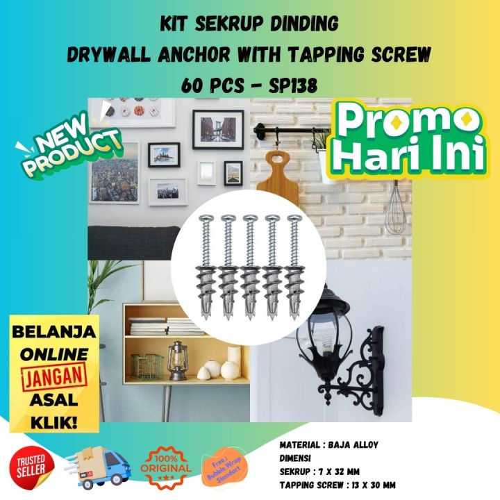 Jual Set Kit Sekrup Dinding Drywall Anchor with Tapping Screw 60 Pcs ...