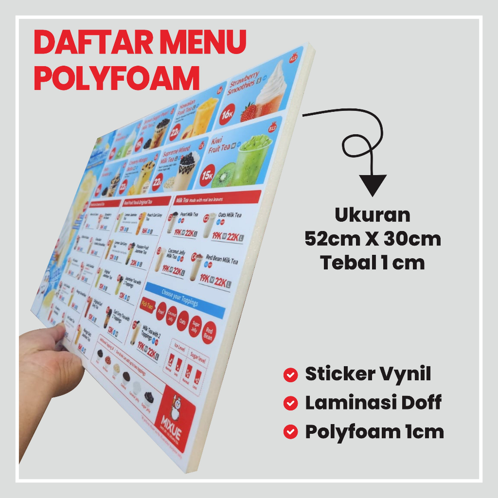 Jual cetak daftar polyfoam menu mixue toko / restoran sudah siap pasang ...