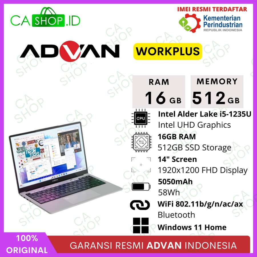 Jual Laptop Advan Workplus RAM 16GB 512GB Notebook Intel i5 Gen 12 ...