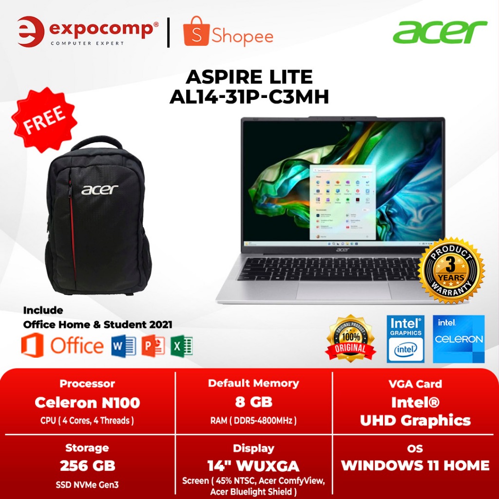 Jual ACER ASPIRE LITE AL14-31P-C3MH/ AL14-31P-C0WW SILVER N100 8GB ...