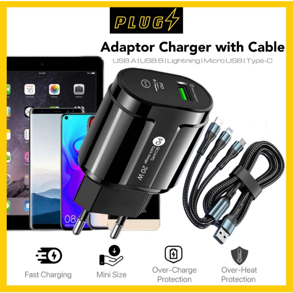 Jual [COD] PLUGS Charger BLACK 20W Fullset Charger With 3in1USB Type C ...