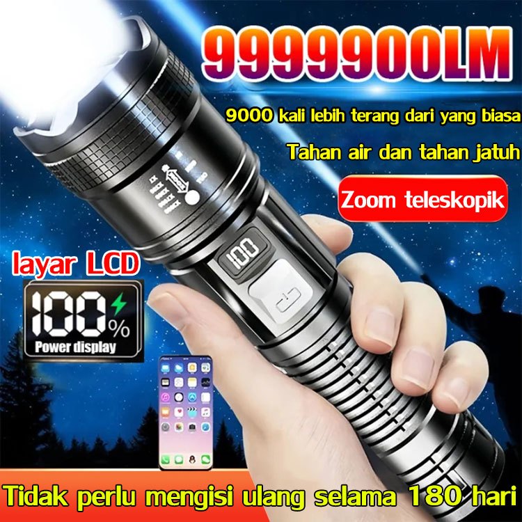 Jual Senter LED Super Terang Jarak Jauh Anti Air Senter LED 90000 Lumens Original USB C ...