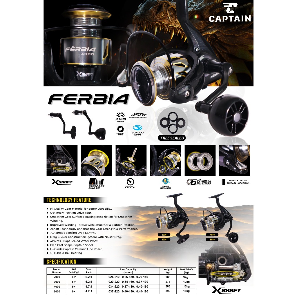 Jual Reel Pancing Reel Captain Classic FERBIA ukuran 2000 3000 4000 6000, Max Drag 9kg, 10kg ...