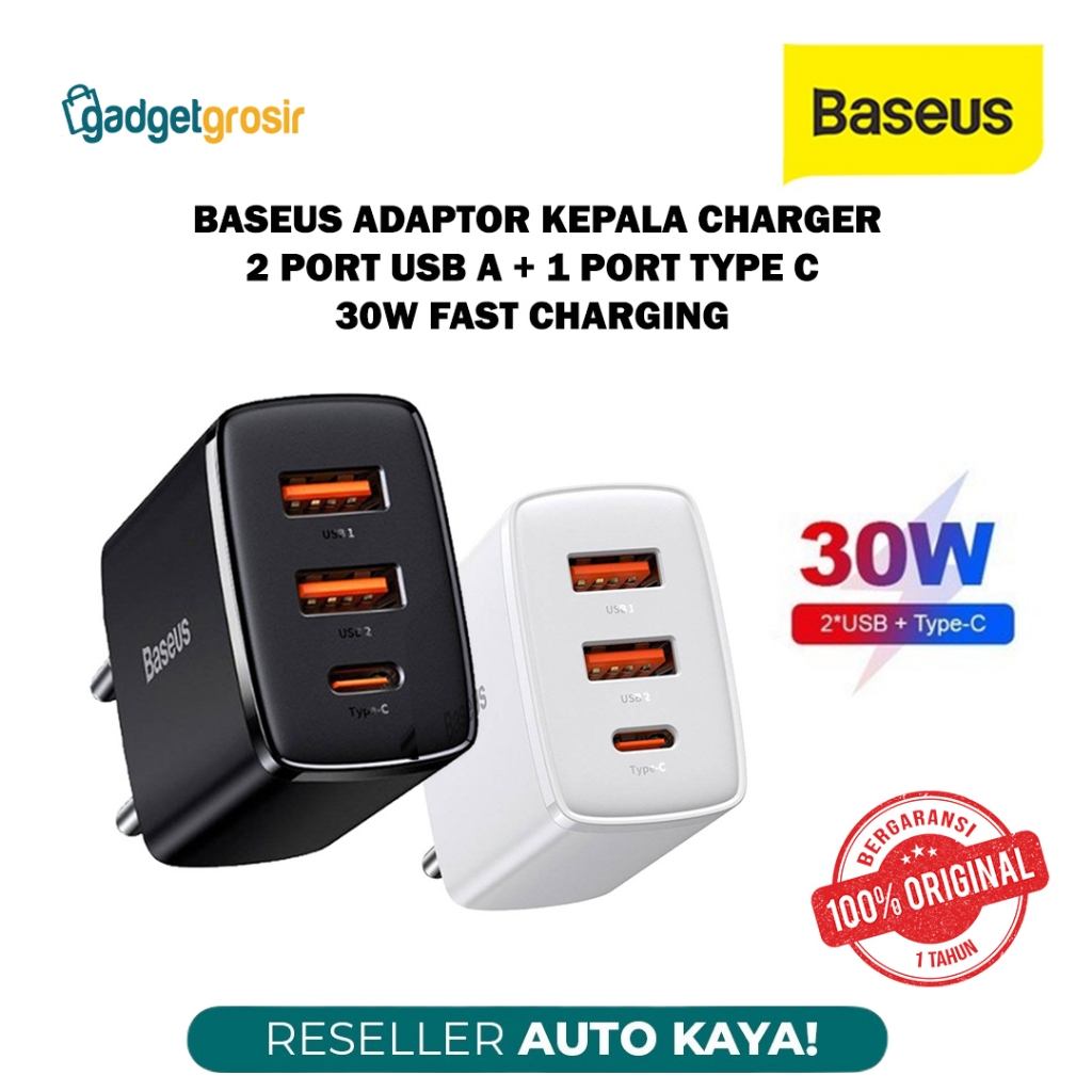 Jual Baseus Adaptor Kepala Charger Compact 3in1 2 USB A + 1 Type C 30W ...