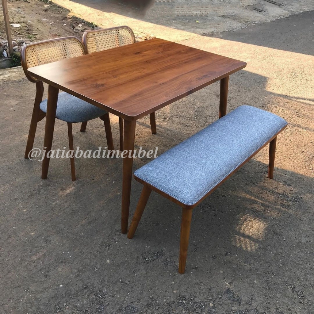 Jual Set Meja Makan Kayu Jati Mix Rotan Minimalis dengan Bench, Dining Set Kursi Makan Minimalis ...