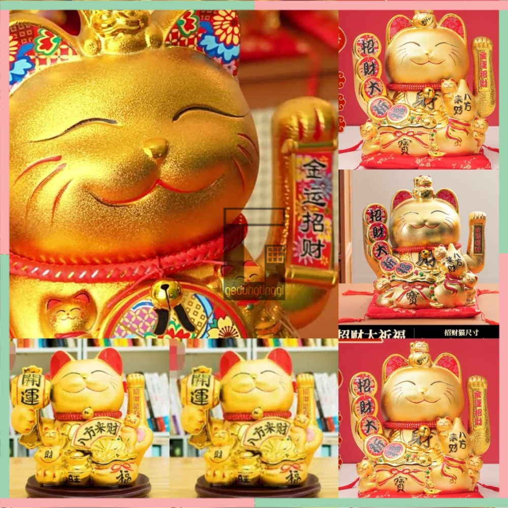 Jual Patung Kucing Hoki Maneki Neko Keramik Gold Tangan Goyang ...